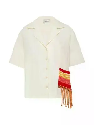 LANEUS Cream Crochet Pocket Fringed Shirt