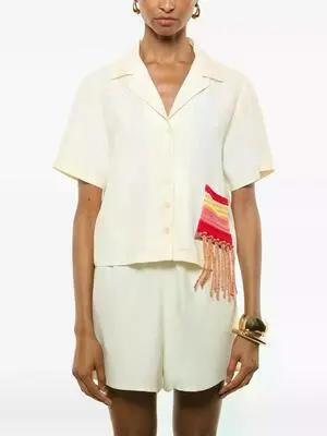 LANEUS Cream Crochet Pocket Fringed Shirt