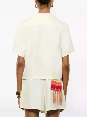 LANEUS Cream Crochet Pocket Fringed Shirt