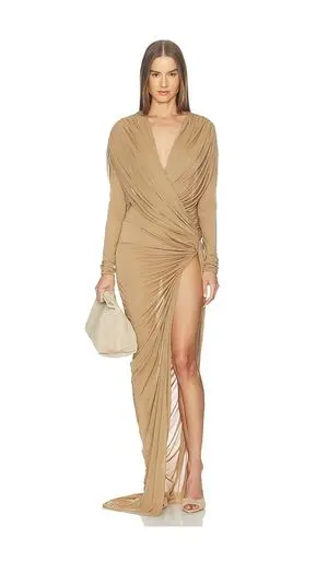 Atlein Long Sleeve Draped High Slit Dress - Tan