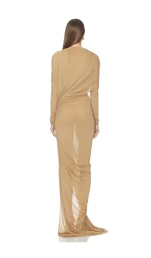 Atlein Long Sleeve Draped High Slit Dress - Tan