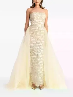 GEMY MAALOUF Embroidered Strapless Maxi Gown With Tulle Tail - Neutrals