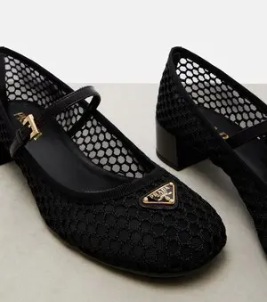 Prada Leather-trimmed Mesh Mary Jane Pumps - Black