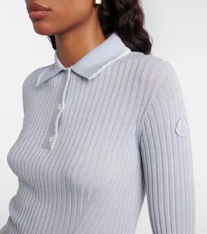 Moncler Ribbed-knit Virgin Wool Polo Sweater - Blue