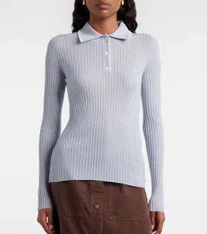Moncler Ribbed-knit Virgin Wool Polo Sweater - Blue