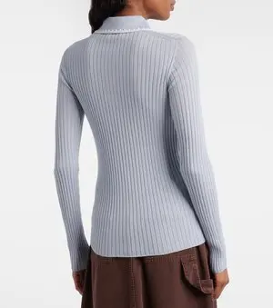 Moncler Ribbed-knit Virgin Wool Polo Sweater - Blue