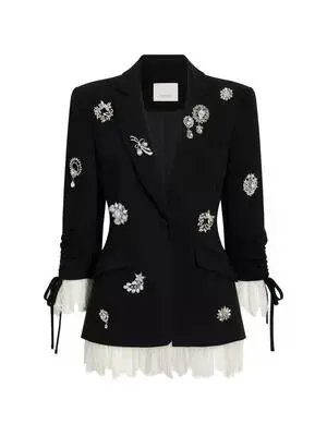 Cinq À Sept Crystal Brooch Lace Trim Blazer - Black
