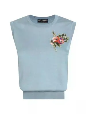 Dolce & Gabbana Sleeveless Silk Tank Top With Floral Appliqu - Blue