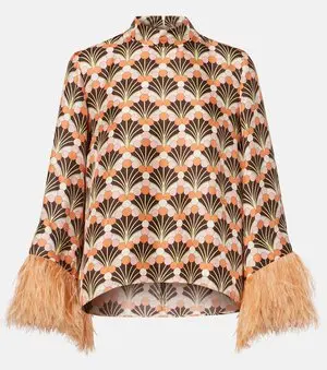 La DoubleJ Make An Exit" Feather-trimmed Silk Twill Top - Multicoloured