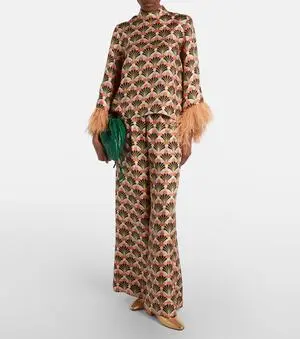 La DoubleJ Make An Exit" Feather-trimmed Silk Twill Top - Multicoloured