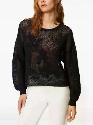 TWINSET Embroidered Stretch Cotton Blend Mesh Sweater - Blue