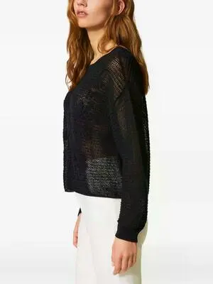 TWINSET Embroidered Stretch Cotton Blend Mesh Sweater - Blue