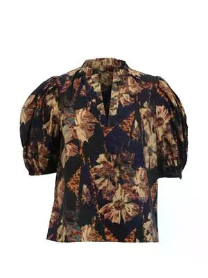 Ulla Johnson V-neck Floral Print Puff Sleeve Blouse - Black