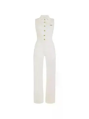 Elisabetta Franchi Denim Jumpsuit With Logo Detail - Neutrals