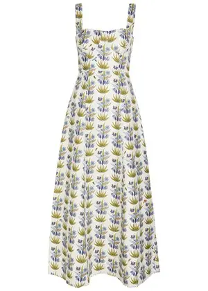 EMPORIO SIRENUSE Azzurra Printed Linen-blend Midi Dress - Blue