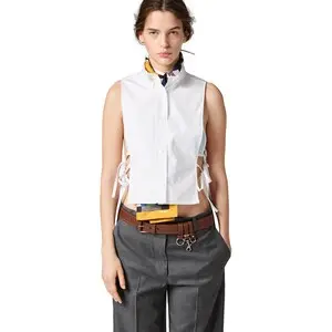 Miu Miu Sleeveless Poplin Shirt With Side Ties And Embroidered Logo - White