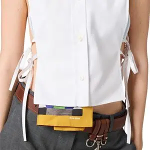 Miu Miu Sleeveless Poplin Shirt With Side Ties And Embroidered Logo - White