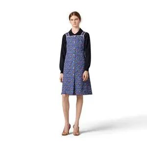 Miu Miu Printed Poplin Dress With Straps - Navy Blue/orange