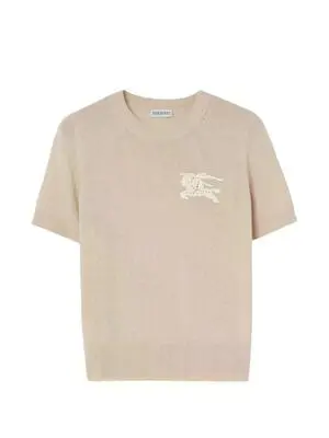 Burberry Knitted Wool Cotton Crewneck Top With Equestrian Knight Design - Neutrals