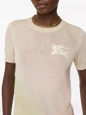 Burberry Knitted Wool Cotton Crewneck Top With Equestrian Knight Design - Neutrals