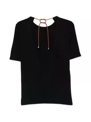 Plan C Ribbed Knit Short Sleeve Sweater With Open Back Detail
