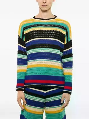 LANEUS Striped Open Knit Crew Neck Jumper