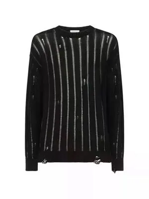 LANEUS Distressed Striped Crew Neck Jumper - Black