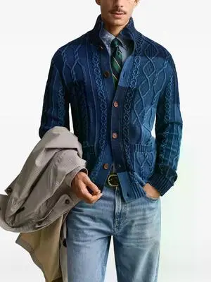 Gant Indigo Cotton Cable Knit Patchwork Cardigan