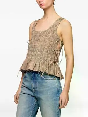 GANNI Sleeveless Printed Stretch Smock Top With Ruffled Hem - Neutrals