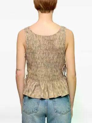 GANNI Sleeveless Printed Stretch Smock Top With Ruffled Hem - Neutrals