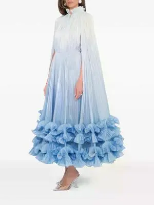 ANA RADU Mystic Wave Cape Dress With Ruffled Hem - Blue
