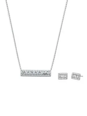 Michael Kors Tone Rectangular Charm Stone Embellishment Necklace And Earrings Set - Silver