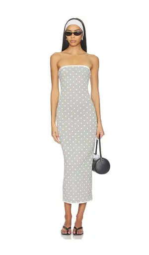 ROWEN ROSE Polka Dot Strapless Midi Dress - Light Grey