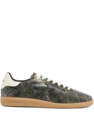 Dsquared2 Cracked Leather Low Top Sneakers With Maple Leaf Motif