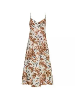 Cara Cara Mae V-neck Midi Dress In Floral Print Linen - Neutrals