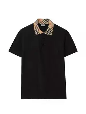 Burberry Check Collar Cotton Polo Shirt - Black
