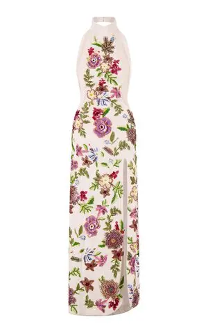 LA FUORI Luminous Flounce Halter Embroidered Silk Gown