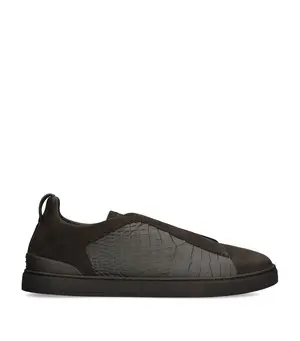 Zegna Crocodile Leather Triple Stitch Secondskin Sneakers - Brown