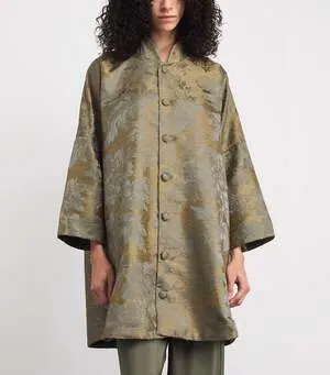 Eskandar Jacquard Stand Collar Coat - Green