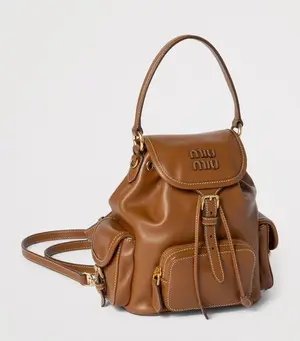 Miu Miu Leather Backpack With Flap And Buckle Detail - Brown