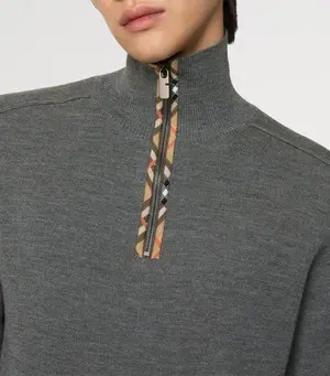 Burberry Wool High Neck Zip Sweater With Check Trim - Grey