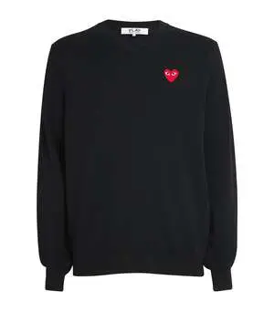 Play Comme Des Garcon V-neck Wool Sweater With Heart Appliqu - Black