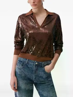 Liu Jo Embellished V-neck Long Sleeve Sweater - Brown