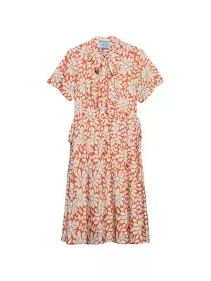 Prada Printed Pleated Pongé Shirtdress - Orange
