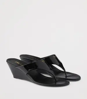 Prada Patent Leather Wedge Thong Sandals - Black