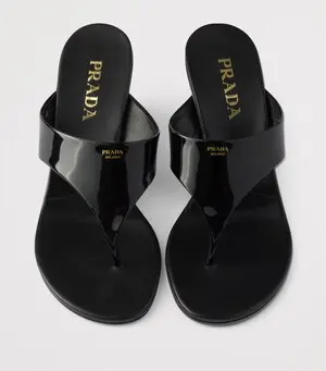 Prada Patent Leather Wedge Thong Sandals - Black