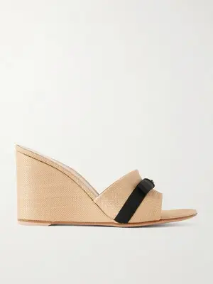 GIANVITO ROSSI 85 Grosgrain-trimmed Raffia Wedge Mules - Neutrals