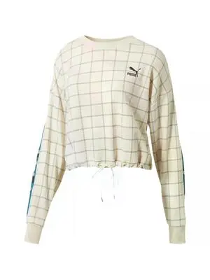 PUMA Plaid Revolt Crewneck Sweatshirt With Striped Sleeves - Neutrals