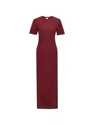 Saint Laurent Short Sleeve Round Neck Maxi Dress With Split Detail - Red
