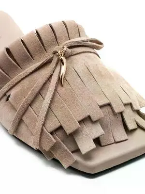 DONNARÌ Suede Mules With Fringe Detailing